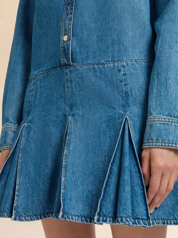 Marni Denim Mini Dress With Velvet Collar And Pleated Skirt