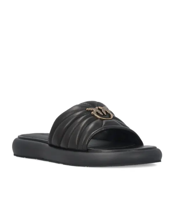 Pinko Quilted Logo Appliqué Slide Sandals - Black