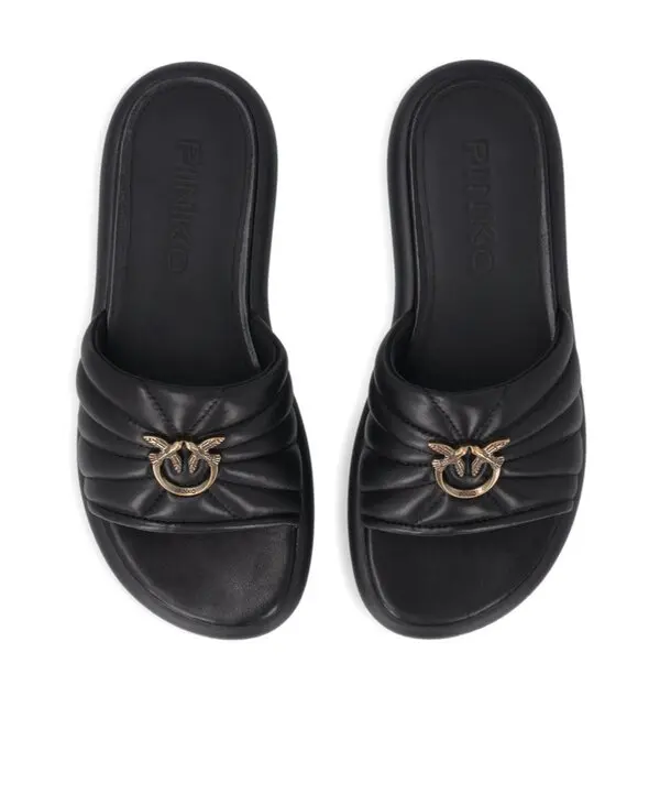 Pinko Quilted Logo Appliqué Slide Sandals - Black