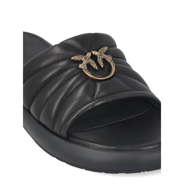 Pinko Quilted Logo Appliqué Slide Sandals - Black