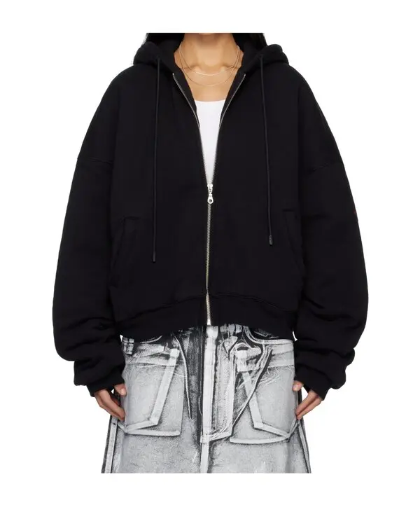 LU'U DAN Full Zip Embroidered Logo Hoodie - Soft Black