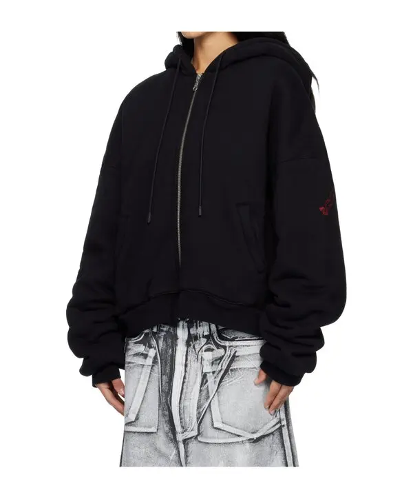 LU'U DAN Full Zip Embroidered Logo Hoodie - Soft Black