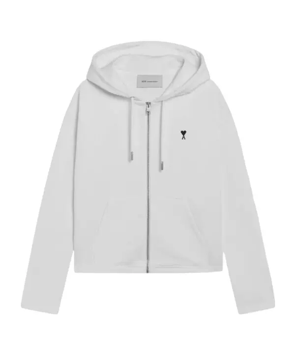 AMI Paris De Coeur Zip Embroidered Hoodie - White