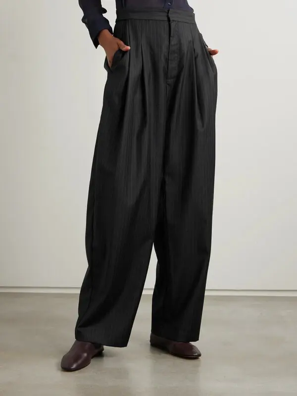 ST. AGNI Adjustable Pleated Pinstriped Wool-blend Wide-leg Pants