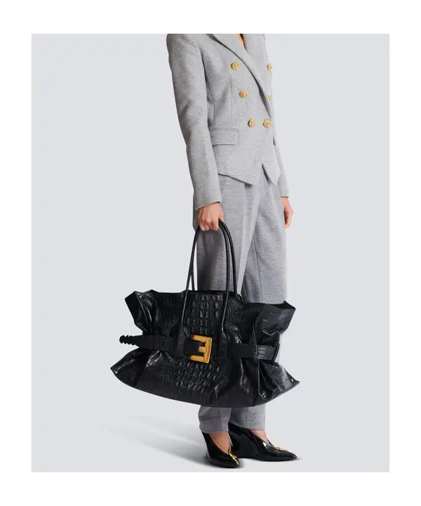 Balmain Xl Anthem Bag In Embossed Crocodile-print Calfskin