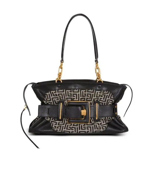Balmain Monogram Jacquard & Leather Belt Bag - Black