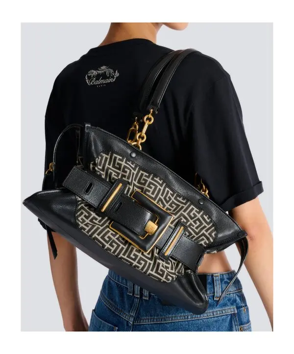 Balmain Monogram Jacquard & Leather Belt Bag - Black