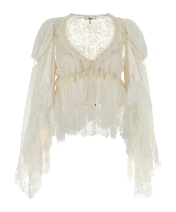 Chloé Lace Trim Peplum Top - White
