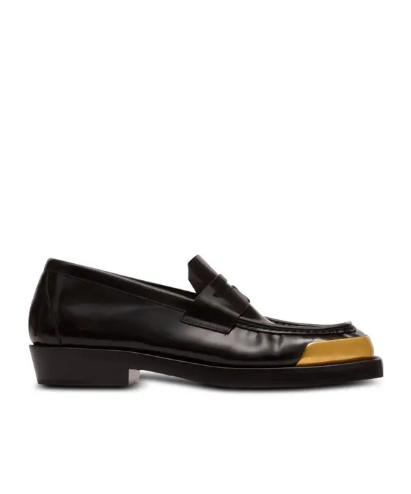 Balmain Square-toe Glazed Leather Loafers With Gold Cap Toe