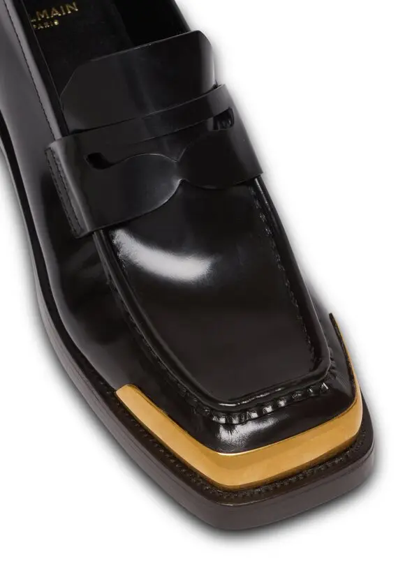 Balmain Square-toe Glazed Leather Loafers With Gold Cap Toe