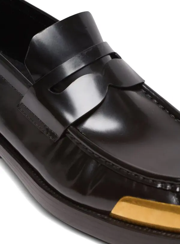 Balmain Square-toe Glazed Leather Loafers With Gold Cap Toe