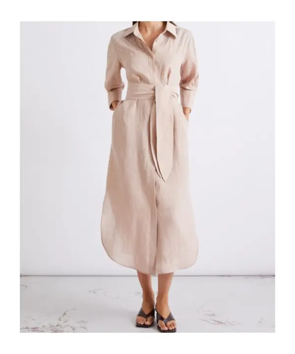 Marella Linen Shirt Dress With Rhinestone Embellishments And Belt