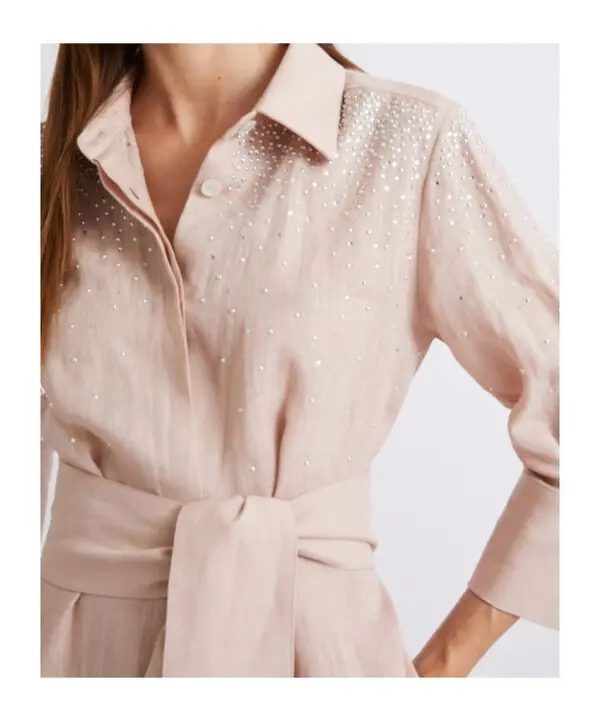 Marella Linen Shirt Dress With Rhinestone Embellishments And Belt