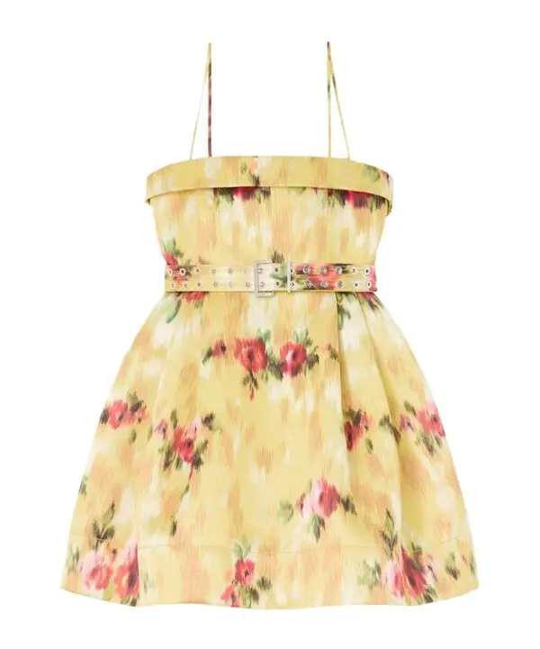 GANNI Duchesse Belted Mini Dress - Yellow