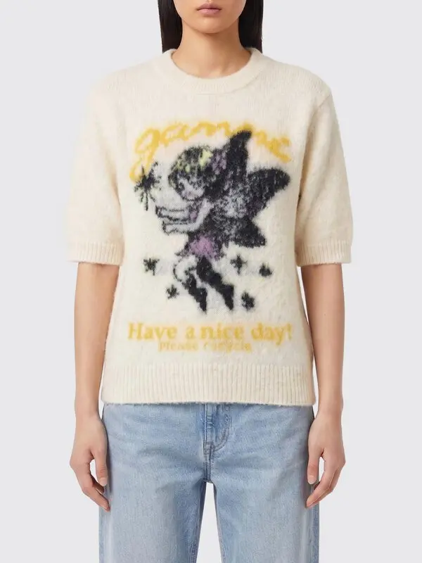 GANNI Graphic Short Sleeve Knit Sweater - Cream