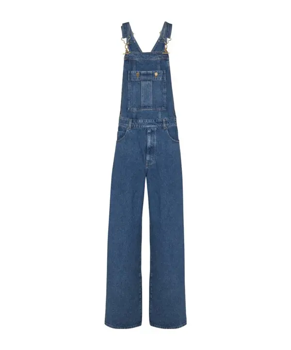 Balmain Dark Denim Dungarees With Gold-tone Hardware - Blue