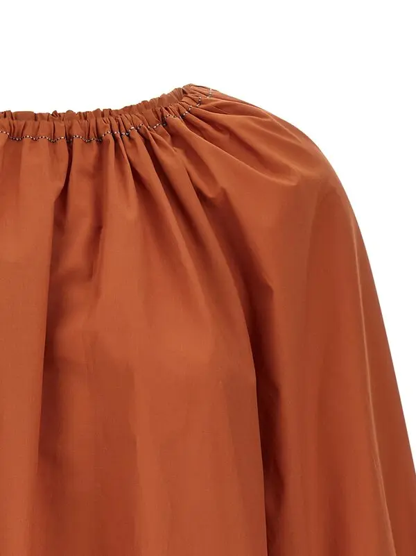 Marni Long-sleeved Blouse With Pleated Boat Neck And Drawstring Back - Orange
