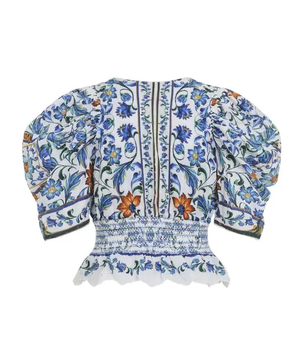 Farm Rio Flora Tile Smocked Organic Cotton Blouse - Off White