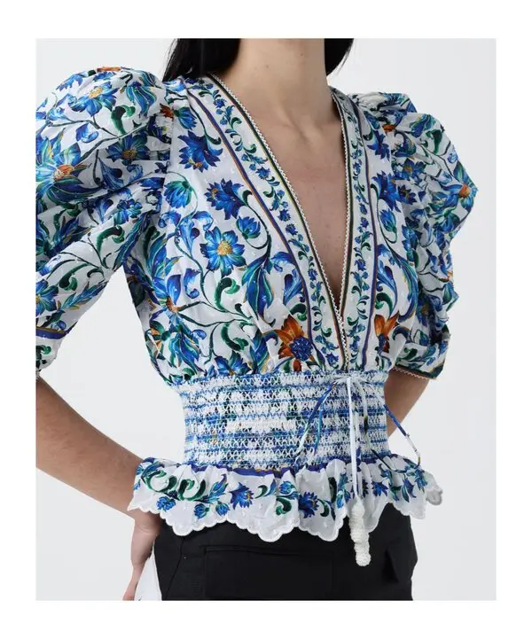 Farm Rio Flora Tile Smocked Organic Cotton Blouse - Off White