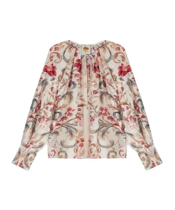 Farm Rio Printed Long Sleeve V-neck Tie Detailed Shirt