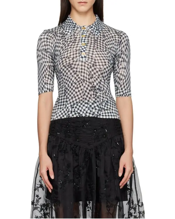 GANNI Sheer Cotton Printed Polo Shirt - Black