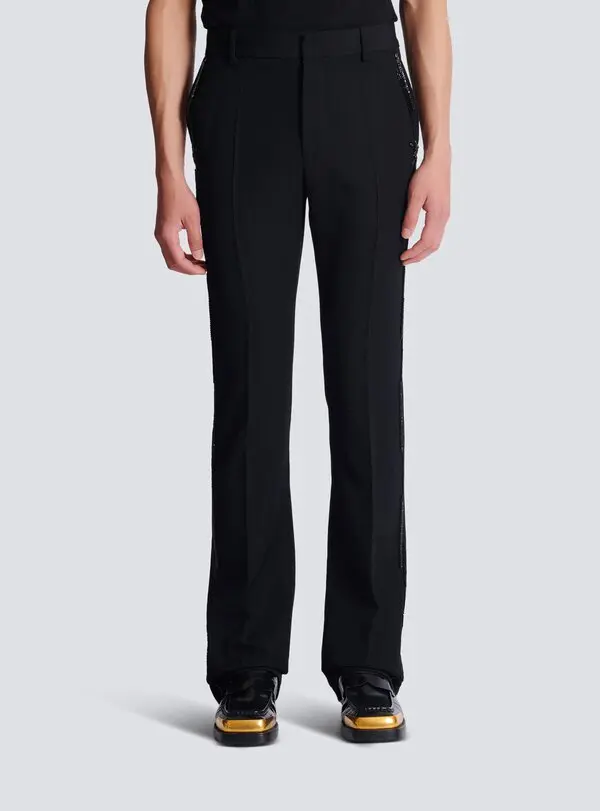 Balmain Straight-leg Wool Trousers With Crystal Embroidery - Black