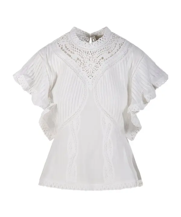 Farm Rio Lace Panel Ruffled Short Sleeve Blouse - White
