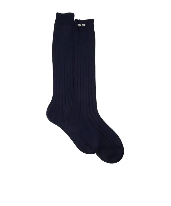 Miu Miu Silk Ribbed Socks With Logo Detail - Blue