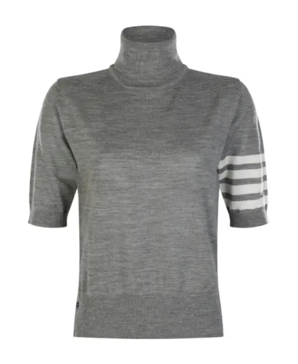 Thom Browne Short Sleeve Roll Neck Knitted Jumper With Side Stripe Detail - Light Gray