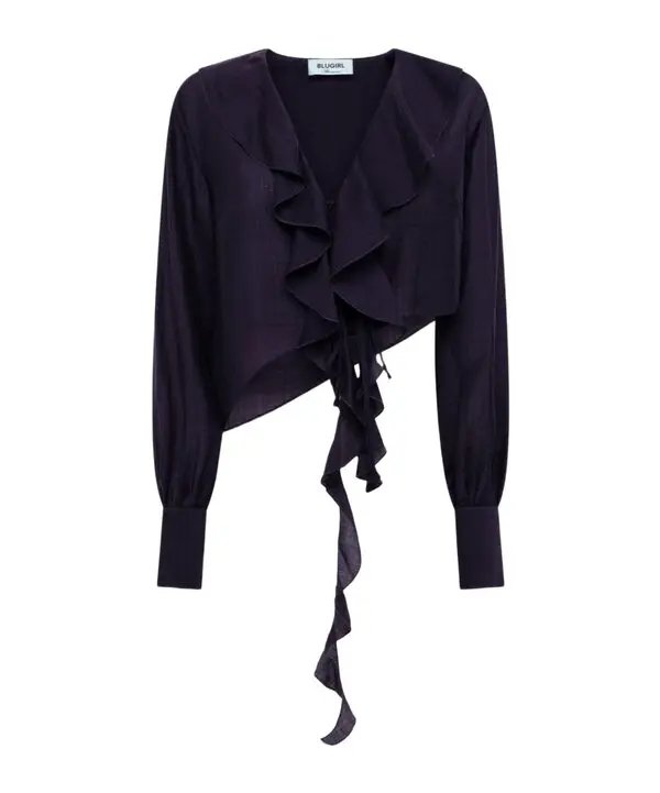 BLUGIRL Ruffled Asymmetrical Wrap Top - Black