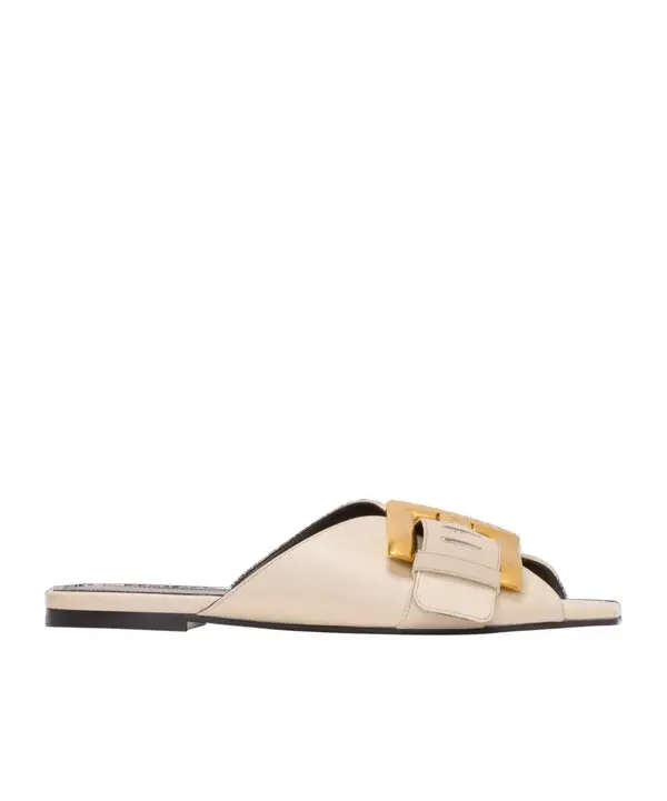 Balmain Anthem Flat Leather Sandals With Gold Metal Buckle - Beige