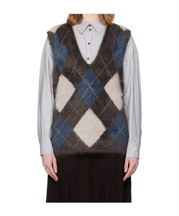 LISA YANG Amelly Argyle V-neck Sweater Vest - Black