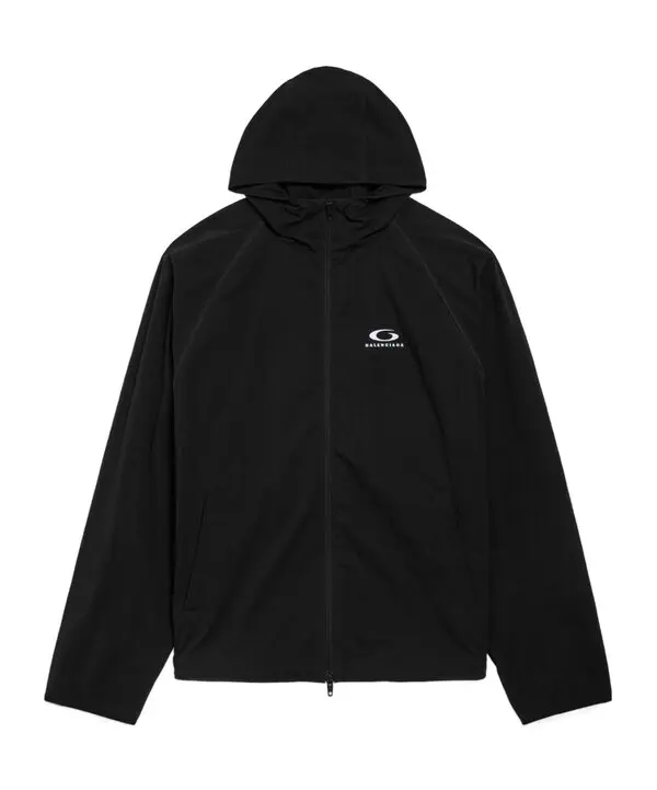 Balenciaga Zip Up Hooded Coat With Logo Detail - Black