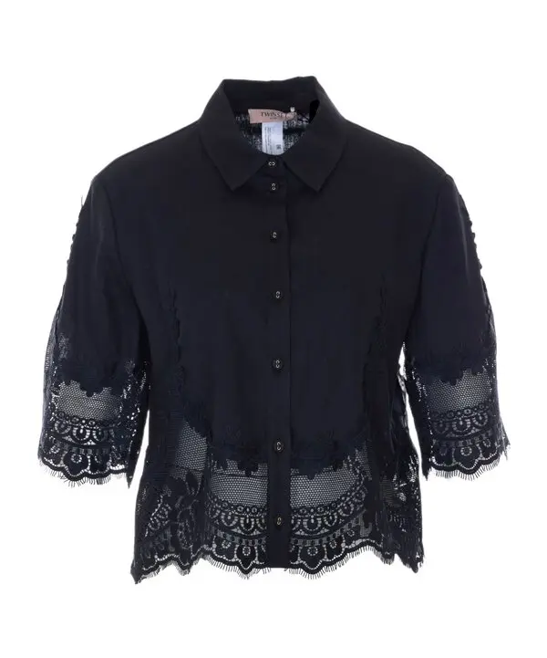 TWINSET Lace Trim Short Sleeve Top - Black
