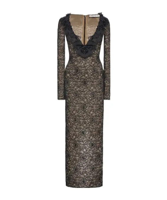 Alessandra Rich Long Sleeve Lace Gown - Black