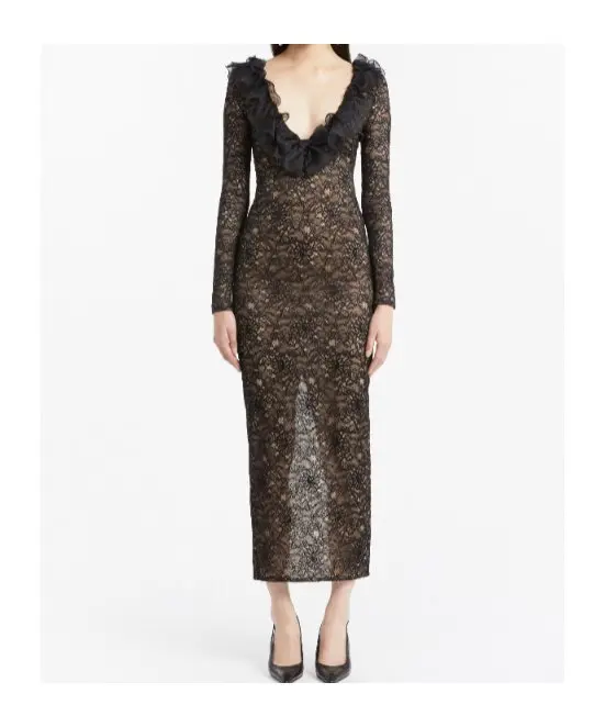Alessandra Rich Long Sleeve Lace Gown - Black