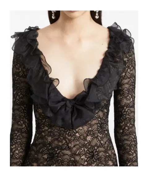 Alessandra Rich Long Sleeve Lace Gown - Black