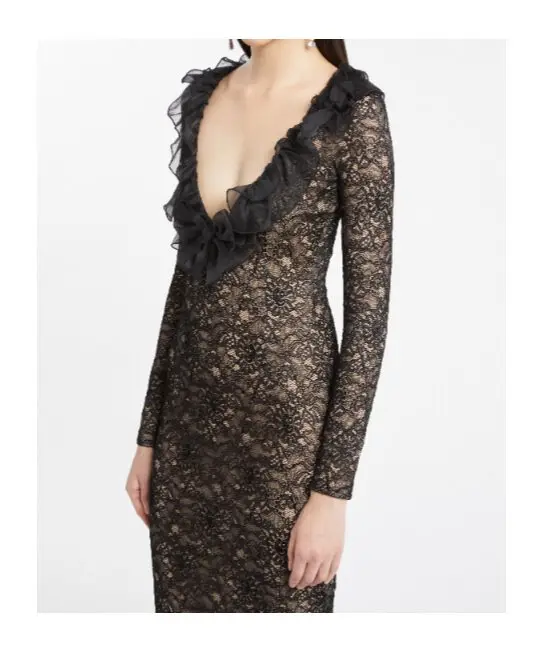 Alessandra Rich Long Sleeve Lace Gown - Black