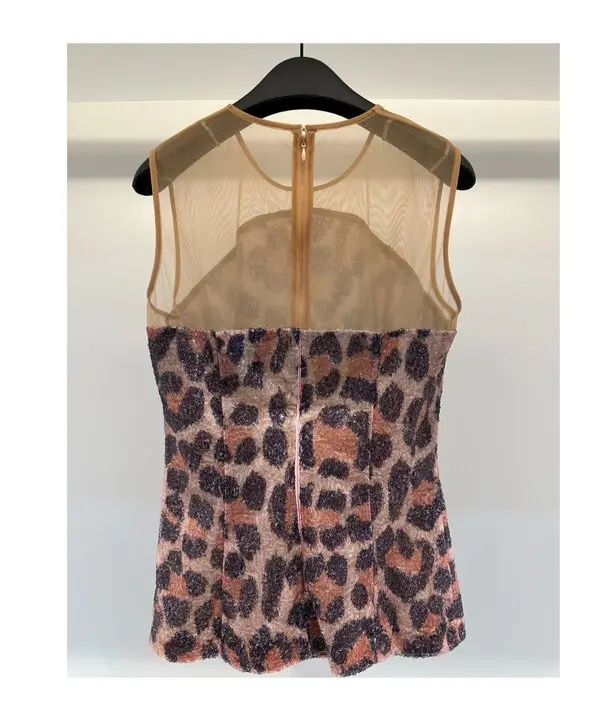 Just Cavalli Sleeveless Leopard Print Sequin Top With Sheer Yoke