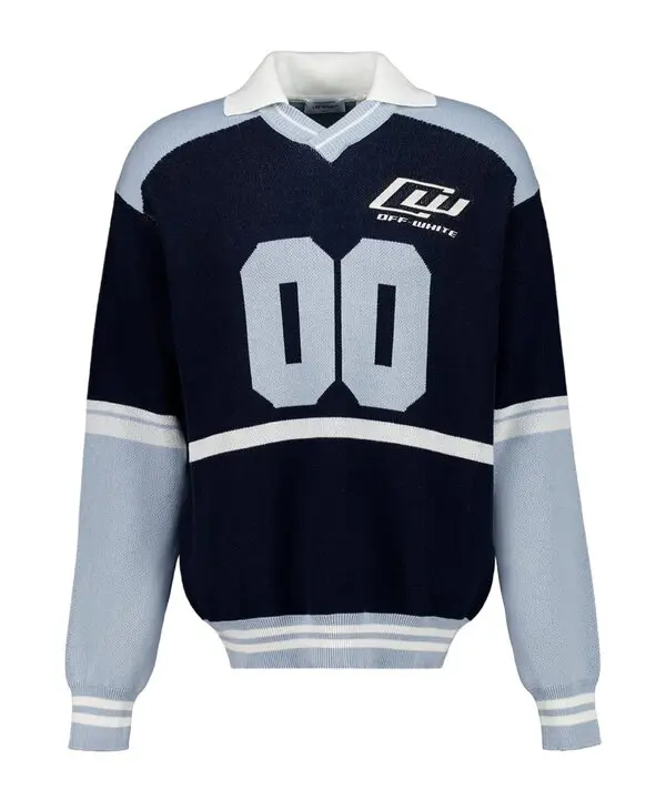 Off-White Long-sleeved Polo Collar Knit Sweater - Navy Blue, Light Blue