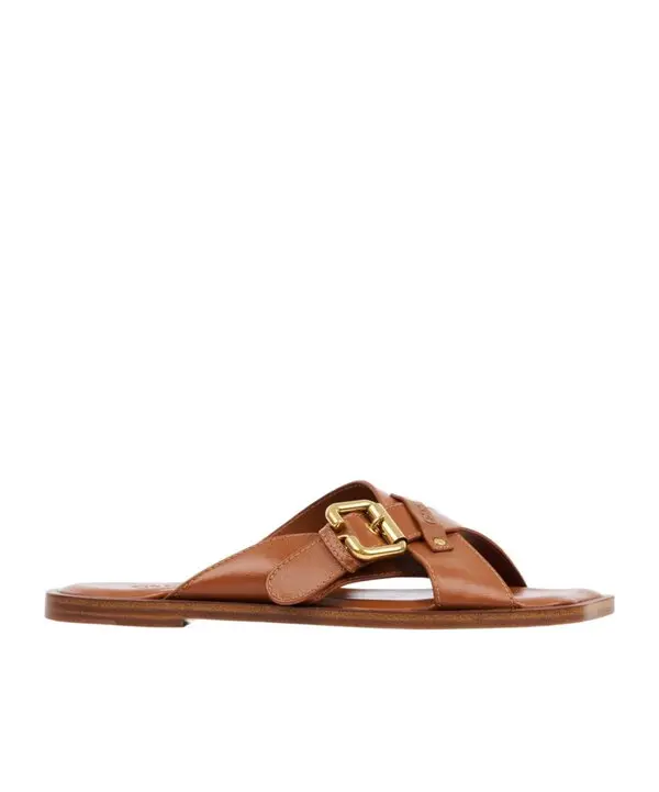 Chloé Criss-cross Sheepskin Slides With Gold Tone Buckle - Ginger Brown