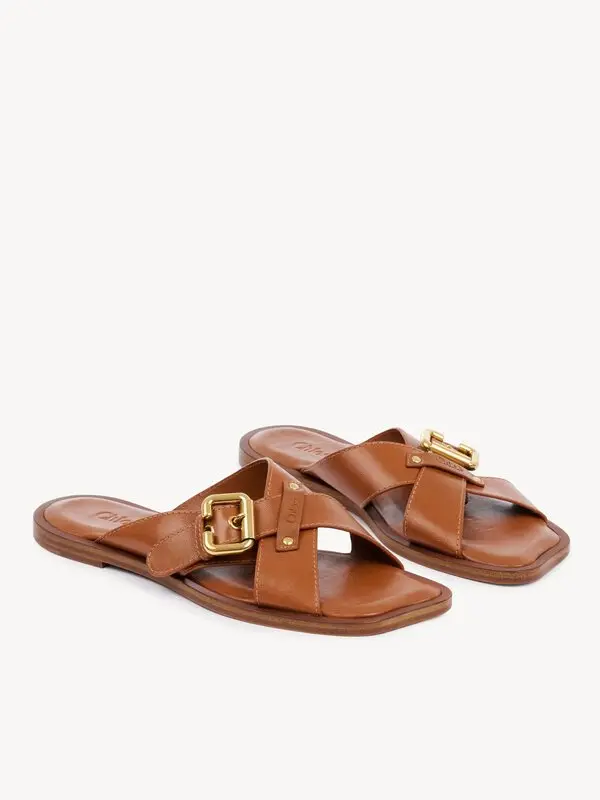 Chloé Criss-cross Sheepskin Slides With Gold Tone Buckle - Ginger Brown