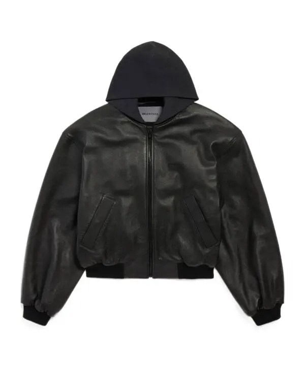 Balenciaga Patched Hooded Leather Jacket - Black