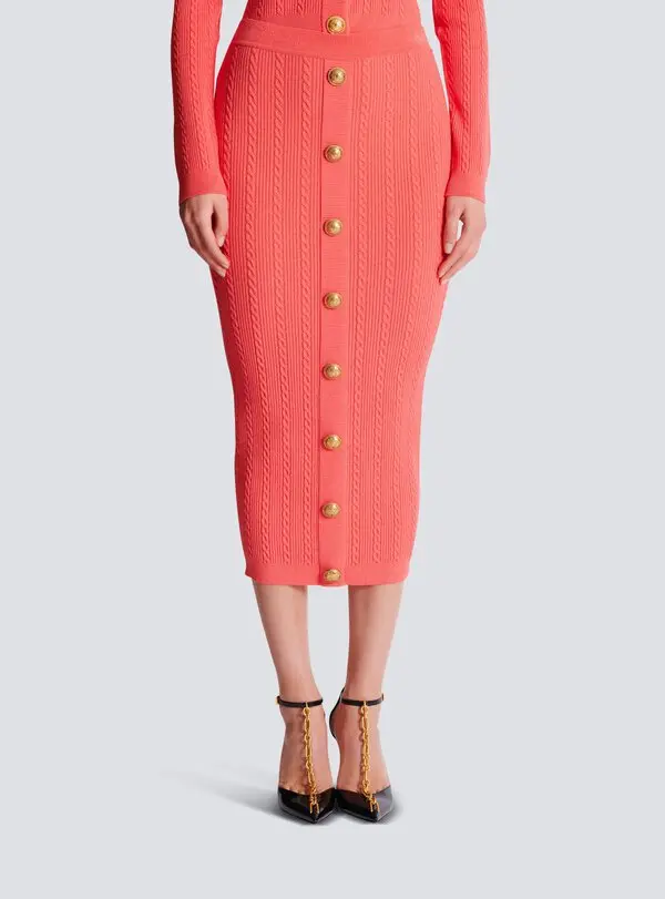 Balmain Cable-knit Midi Skirt With Gold-tone Buttons - Pink
