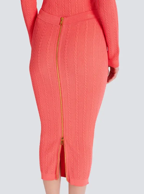 Balmain Cable-knit Midi Skirt With Gold-tone Buttons - Pink