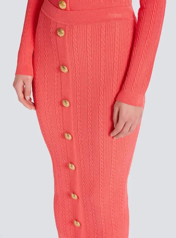Balmain Cable-knit Midi Skirt With Gold-tone Buttons - Pink