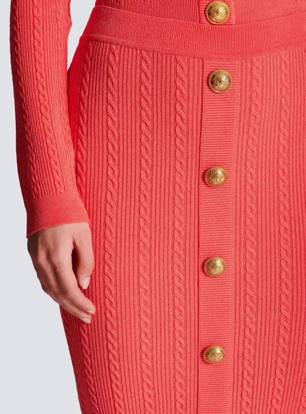 Balmain Cable-knit Midi Skirt With Gold-tone Buttons - Pink
