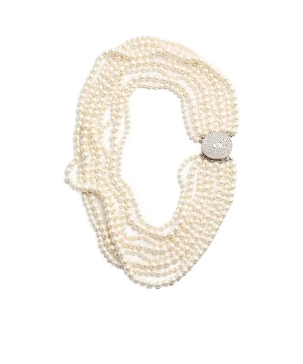 Valentino Garavani Ovalette Necklace In Metal, Baroque Glass Pearls, And Swarovski Crystals - Yellow