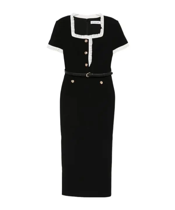 SELF-PORTRAIT Belted Midi Dress With Frill Trim