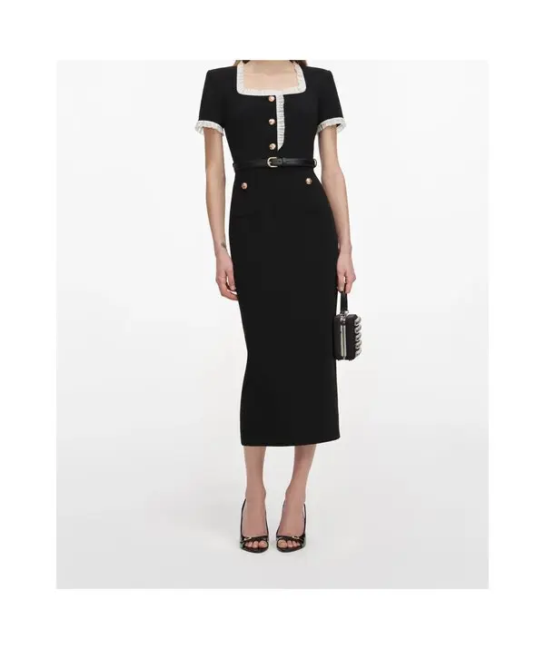 SELF-PORTRAIT Belted Midi Dress With Frill Trim